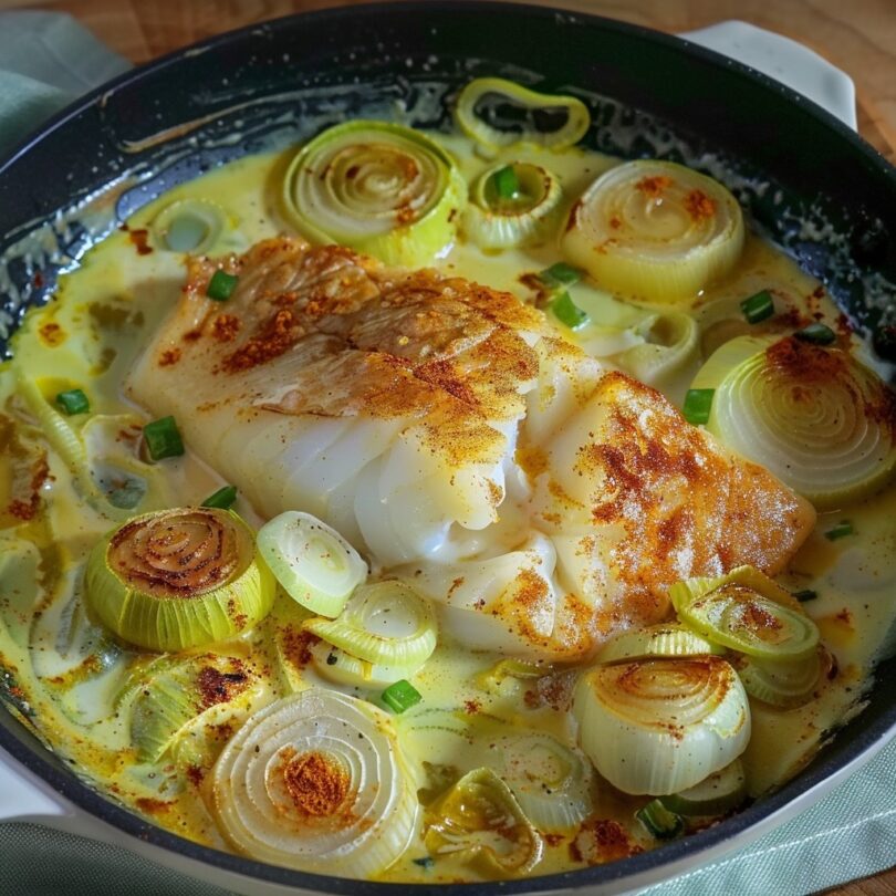 Cod steak on a bed of leeks and mushrooms - All Recipes
